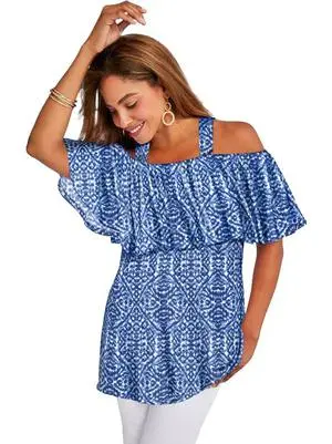 JESSICA LONDON Stretch Knit Cold Shoulder Ruffle Tunic - Blue Aztec Ikat