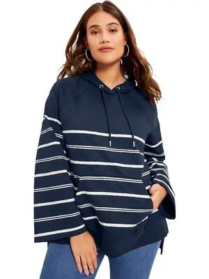 JUNE + VIE Bell-sleeve French Terry Pullover - Navy Horizontal Stripe