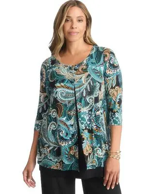 JESSICA LONDON Crew Neck Double Layered Tunic - Frost Teal Paisley