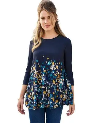 JESSICA LONDON Stretch Knit Swing Tunic - Blue Shadow Garden Border