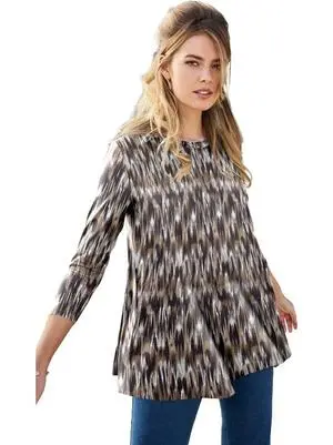 JESSICA LONDON Stretch Knit Swing Tunic - Brown Multi Ikat