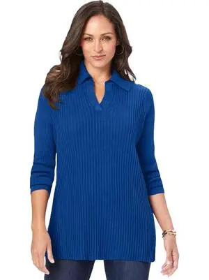 JESSICA LONDON Ribbed Collared Sweater - Dark Sapphire