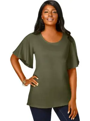 JESSICA LONDON Stretch Knit Flutter Sleeve Tunic - Dark Olive Green