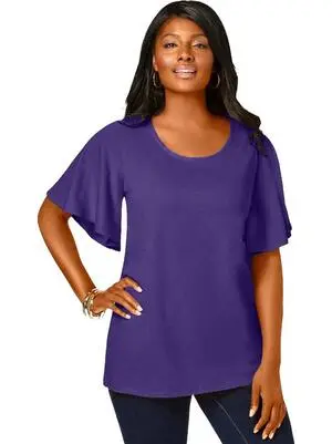 JESSICA LONDON Stretch Knit Flutter Sleeve Tunic - Midnight Violet