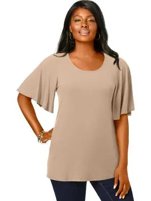 JESSICA LONDON Stretch Knit Flutter Sleeve Tunic - New Khaki