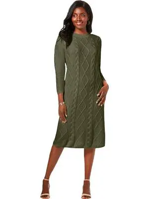 JESSICA LONDON Cable Knit Sweater Dress - Dark Olive Green