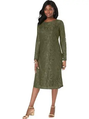 JESSICA LONDON Stretch Lace Shift Dress - Dark Olive Green