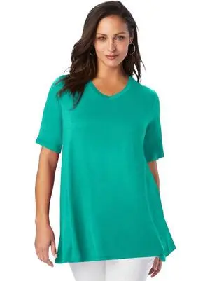 JESSICA LONDON Stretch Knit V-neck Swing Tunic - Aqua Sea