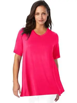 JESSICA LONDON Stretch Knit V-neck Swing Tunic - Pink Burst