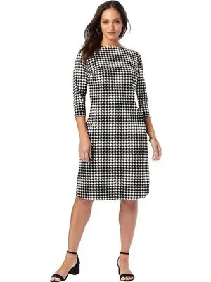 JESSICA LONDON Stretch Cotton Boatneck Shift Dress - White Houndstooth