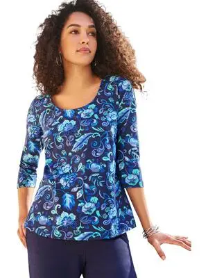 JESSICA LONDON Stretch Cotton Scoop Neck Tee - Blue Batik Floral