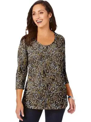 JESSICA LONDON Stretch Cotton Scoop Neck Tee - Brown Garden Paisley
