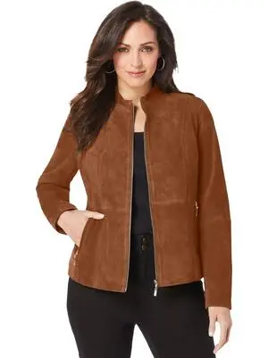 JESSICA LONDON Suede Zip-front Jacket - Cognac