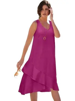 JESSICA LONDON Linen Flounce Dress - Raspberry