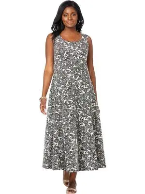 JESSICA LONDON Stretch Cotton Tank Maxi Dress - Black White Lace