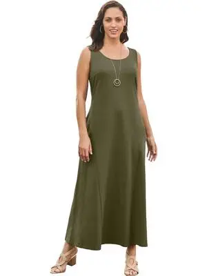 JESSICA LONDON Stretch Cotton Tank Maxi Dress - Dark Olive Green