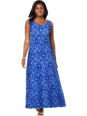 JESSICA LONDON Stretch Cotton Tank Maxi Dress - Dark Sapphire Brushed Tribal