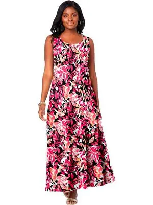 JESSICA LONDON Stretch Cotton Tank Maxi Dress - Tea Rose Graphic Leaves