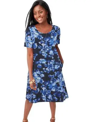 JESSICA LONDON Stretch Knit A-line Dress - Blue Floral Print