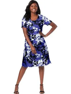 JESSICA LONDON Stretch Knit A-line Dress - True Blue Graphic Floral