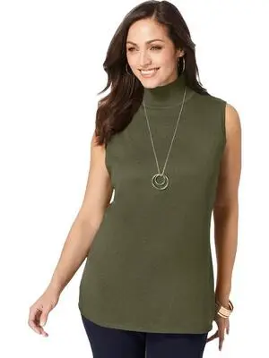JESSICA LONDON Fine Gauge Mockneck Shell - Dark Olive Green
