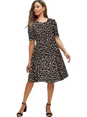 JESSICA LONDON Stretch Ponte Fit & Flare Dress - Khaki Classic Cheetah
