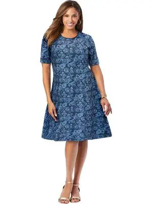 JESSICA LONDON Stretch Ponte Fit & Flare Dress - Navy Dancing Batik