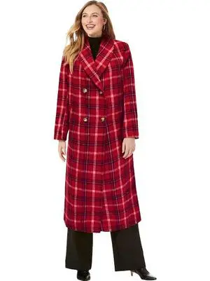 JESSICA LONDON Long Shawl Collar Wool Blend Coat - Rich Burgundy Shadow Plaid