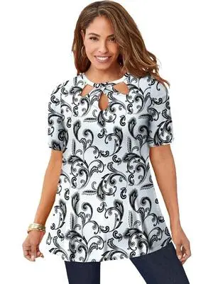 JESSICA LONDON Stretch Knit Cutout Swing Tunic - Ivory Paisley Scroll