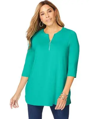 JESSICA LONDON Stretch Knit Zip Tunic Aqua Sea