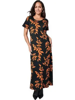 JESSICA LONDON Stretch Cotton T-shirt Maxi Dress - Black Clove Trellis