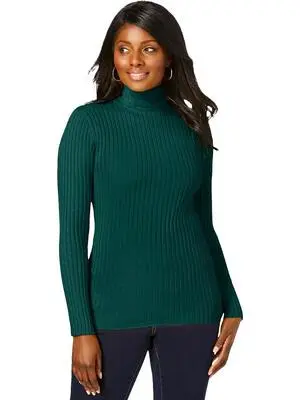 JESSICA LONDON Ribbed Cotton Turtleneck Sweater - Emerald Green