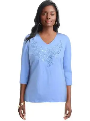 JESSICA LONDON Stretch Cotton Embroidered Tee - French Blue Floral Embroidery