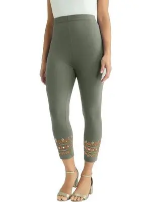 JESSICA LONDON Stretch Cotton Capri Leggings - Olive Green Geo Studs