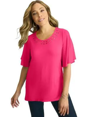 JESSICA LONDON Cutout Flutter Sleeve Tunic Pink Burst