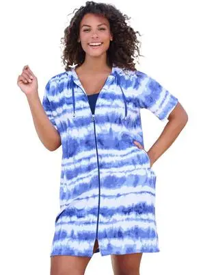 SWIM 365 Hooded Terry Swim Cover Up - Ultra Blue Tie Dye Stripe