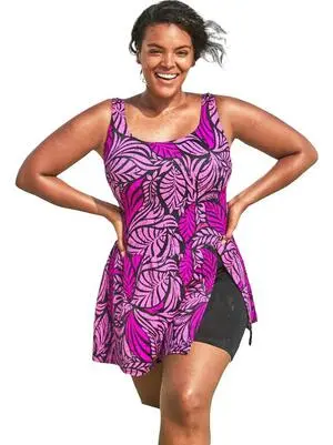 SWIM 365 Side-slit Swim Dress - Bright Fuchsia Leaf