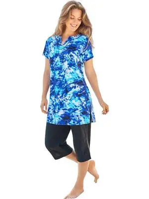 SWIM 365 Longer Length Short-sleeve Swim Tunic - Multi Underwater Tie Dye