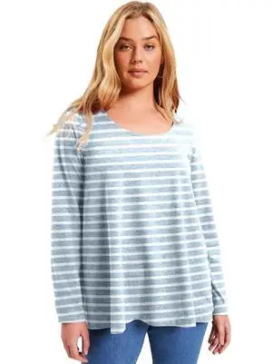 JUNE + VIE Long-sleeve Swing Tee - Heather White Stripe