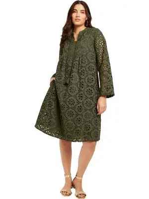 JUNE + VIE Eyelet Shirtdress - Dark Olive Green