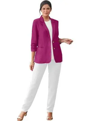 JESSICA LONDON Linen Blend Blazer With Notched Lapel And Vented Sleeves - Raspberry