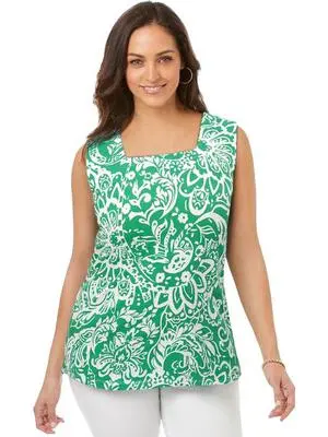 JESSICA LONDON Stretch Cotton Square Neck Tank - Green Scroll Medallion