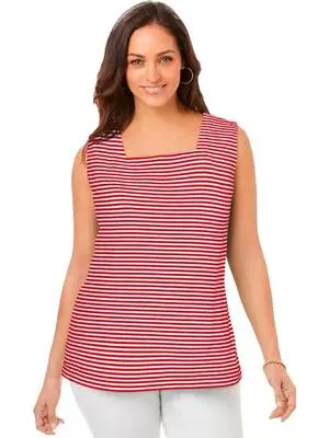 JESSICA LONDON Stretch Cotton Square Neck Tank - Vivid Red Feeder Stripe