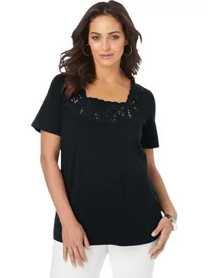 JESSICA LONDON Stretch Cotton Eyelet Cutout Tee - Black