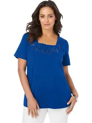 JESSICA LONDON Stretch Cotton Eyelet Cutout Tee - Dark Sapphire