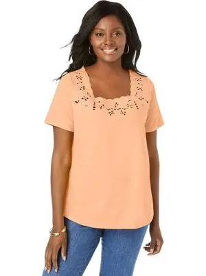 JESSICA LONDON Stretch Cotton Eyelet Cutout Tee - Peach Fuzz