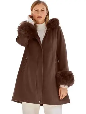 JESSICA LONDON Hooded Faux Fur Trim Coat - Rich Brown