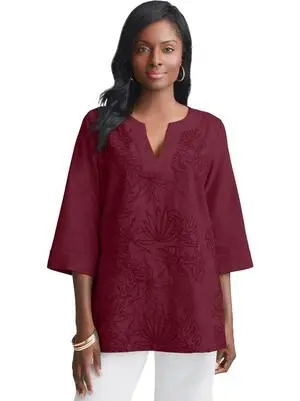 JESSICA LONDON Linen V-neck Embroidered Tunic - Burgundy Leaf Embroidery