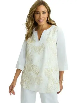 JESSICA LONDON Linen V-neck Embroidered Tunic - White Leaf Embroidery