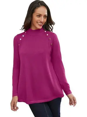 JESSICA LONDON Mockneck Sweater With Gold Button Detail - Raspberry